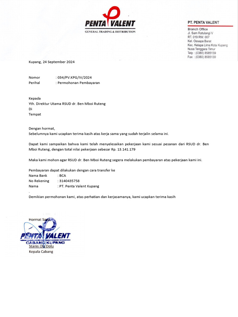 Surat Permohonan Pembayaran RSUD Ruteng. | PDF