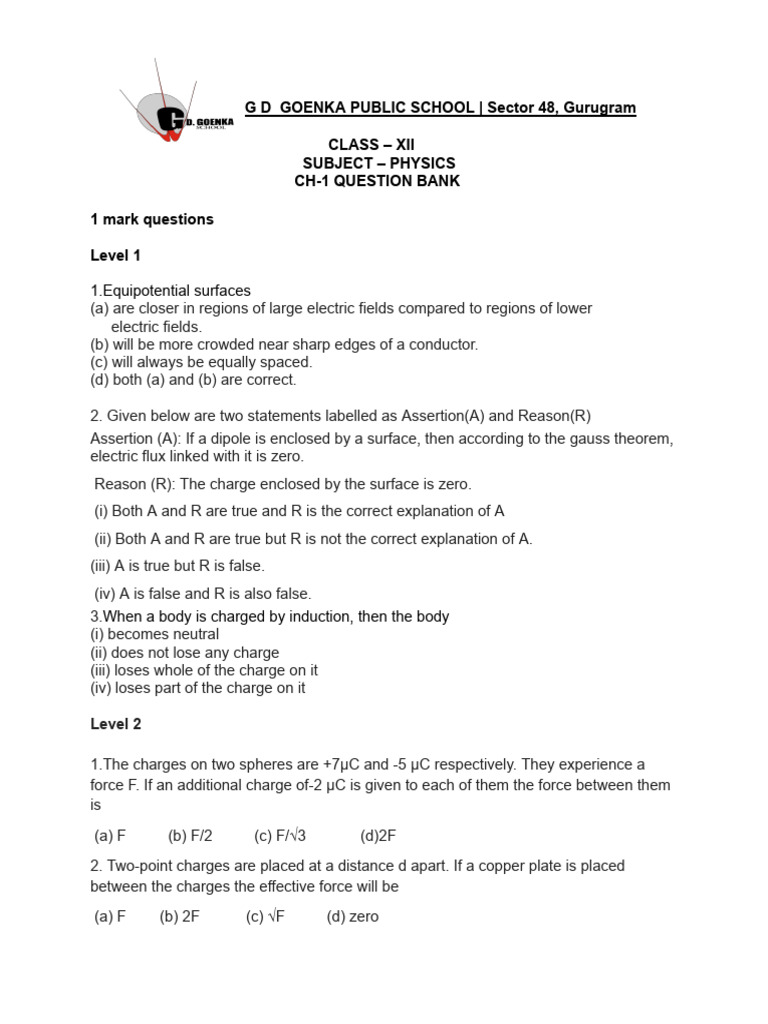 Ch-1 Question Bank XII - Physics Electric Charges and Fields | PDF ...