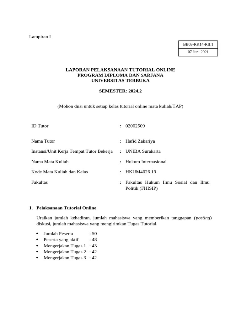 LAMPIRAN 1 LAPORAN TUTON & TAP Kelas 19 | PDF