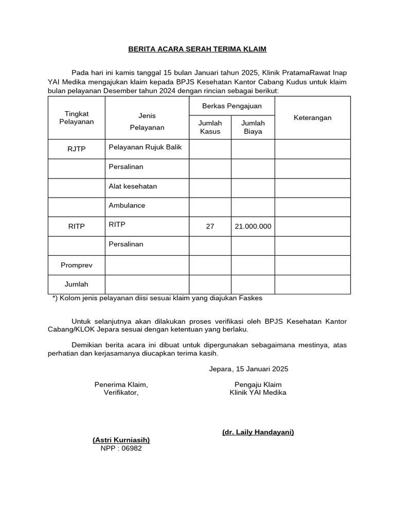 Klaim BPJS Kesehatan Klinik YAI Medika | PDF