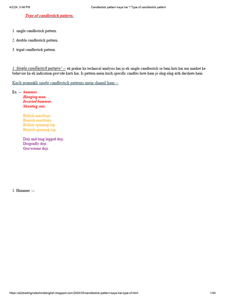 Candlestick Pattern Kaya Hai Type of Candlestick Pattern | PDF | Market ...