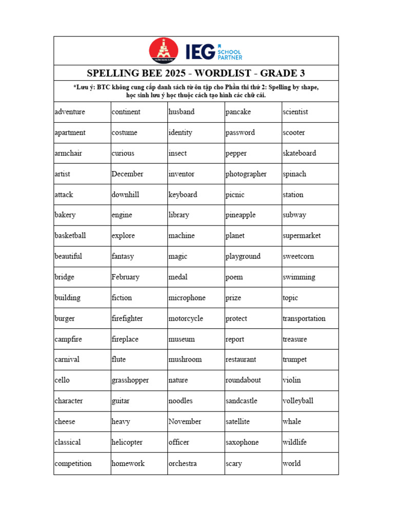 Spelling Bee 2025: Grade 3 Word List | PDF | String Instruments