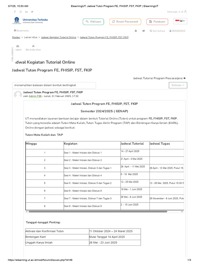ElearningUT - Jadwal Tuton | PDF