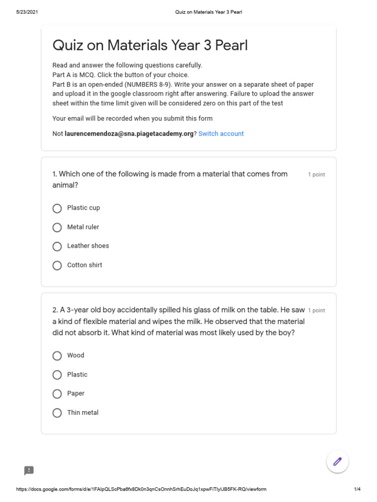 Quiz On Materials Year 3 2020 | PDF | Materials