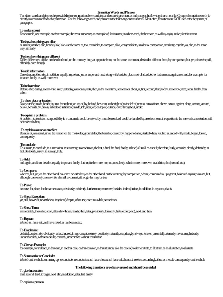 Effective Transition Words Guide | PDF | Phrase | Reason