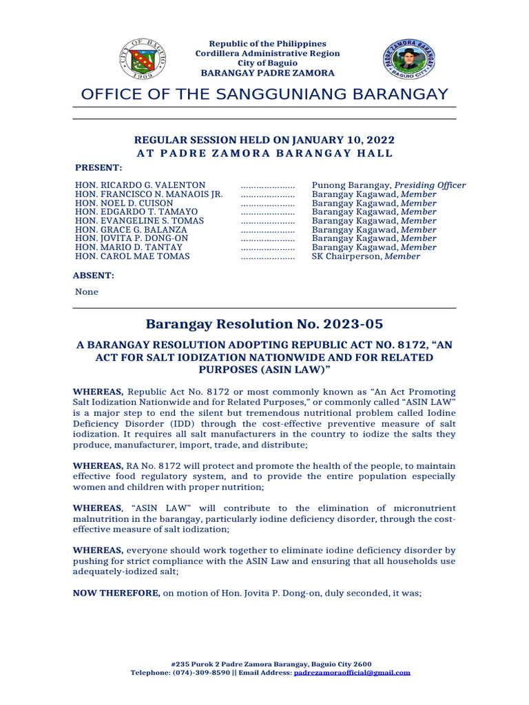 Barangay Resolution on Salt Iodization | PDF | Nutrition | Diet & Nutrition