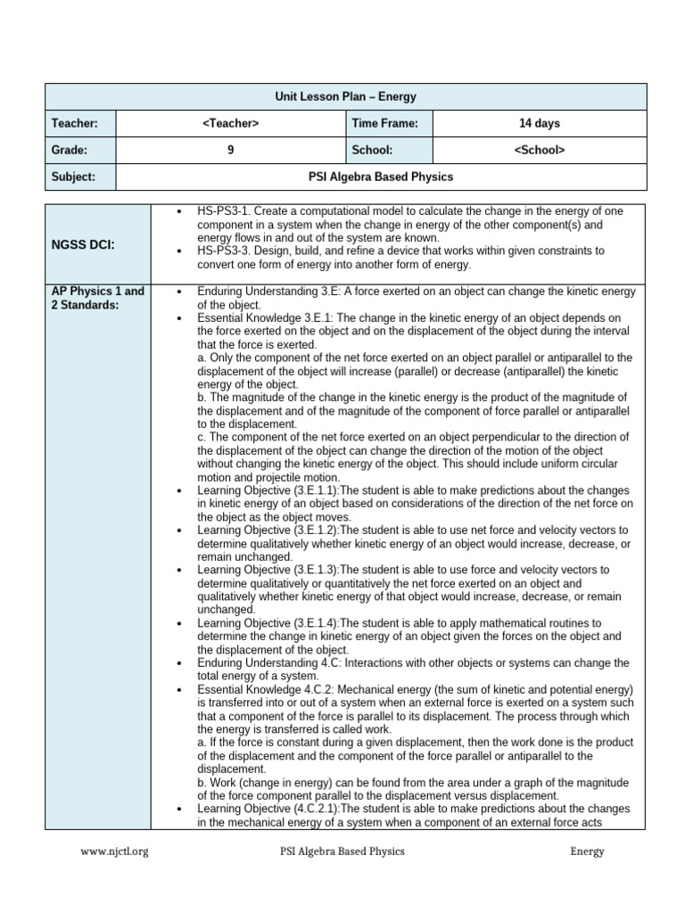 abp_energy-unit-plan | PDF | Force | Potential Energy