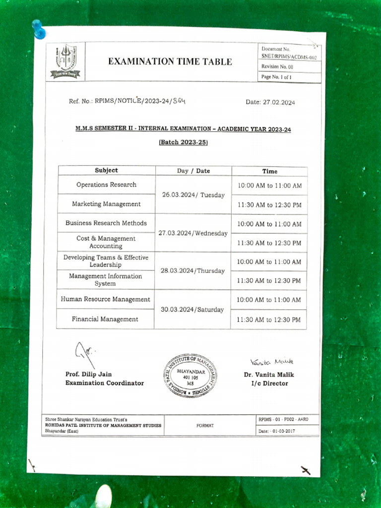 MMS Sem Ii - Internal Examination Time-Table - Batch 2023-25 | PDF