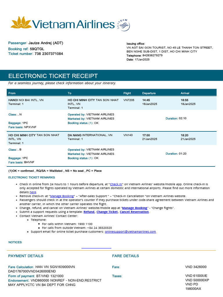 Electronic Ticket-EMD Receipt 18JAN For ANDREJ JAUTZE | PDF