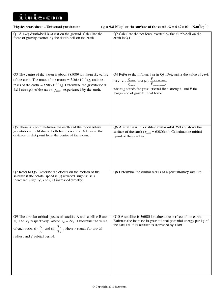 Physics Worksheet Universal Gravitation | PDF