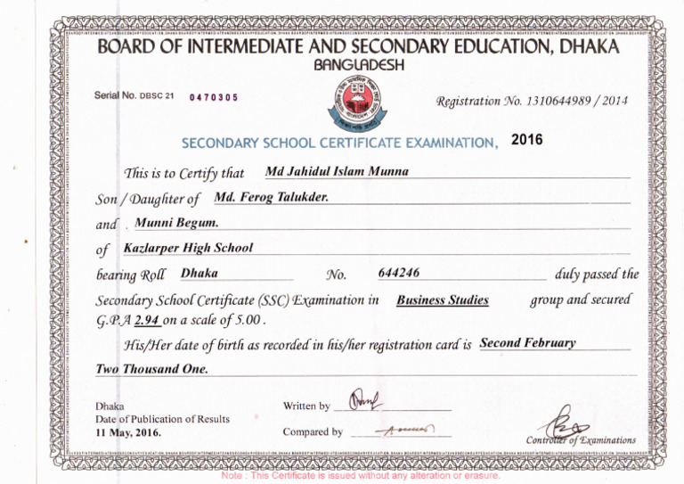 SSC Certificate | PDF