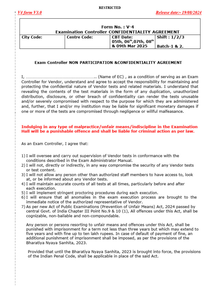 V-4-Examination Controller CONFIDENTIALITY AGREEMENT | PDF | Public Law | Criminal Justice