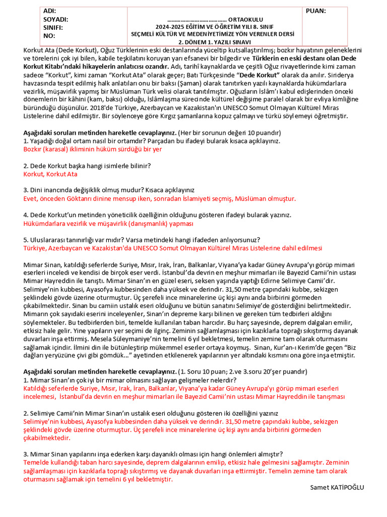 Kultur Ve Medeniyet 2. Donem 1. Yazili Sinav CEVAPLI | PDF