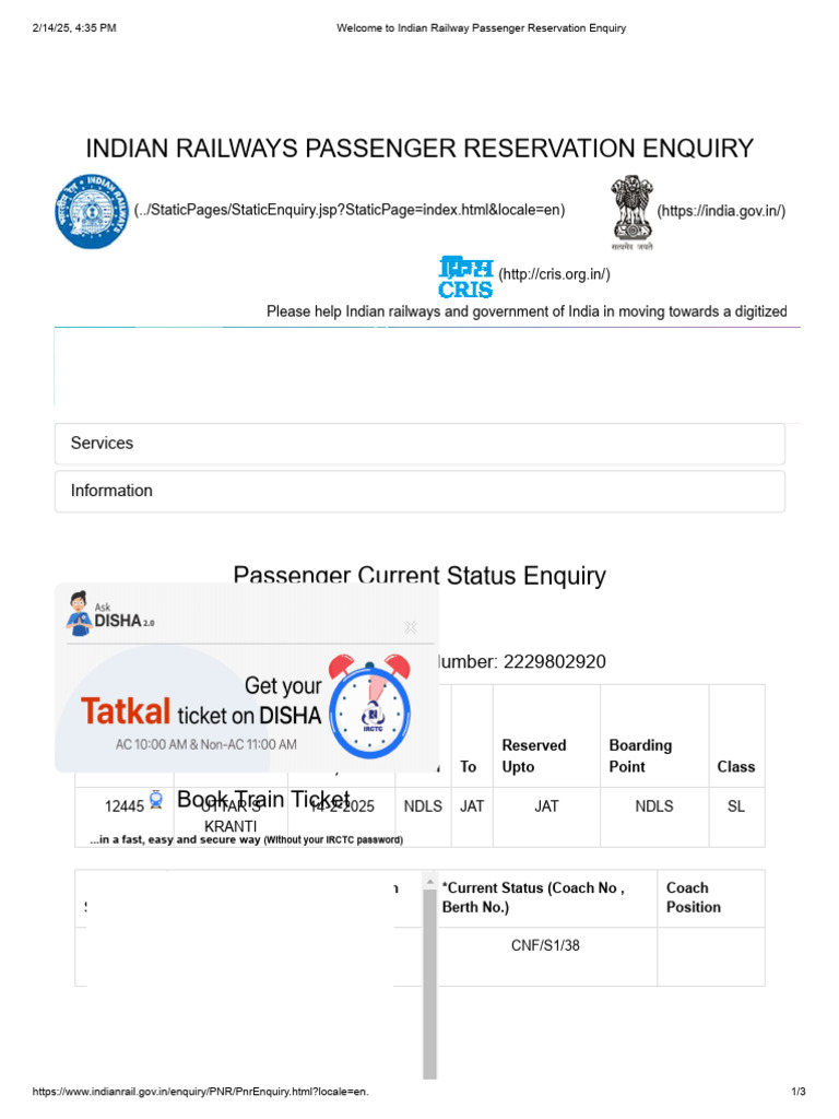 Welcome To Indian Railway Passenger Reservation Enquiry | PDF | Rail Transport | Government Of India