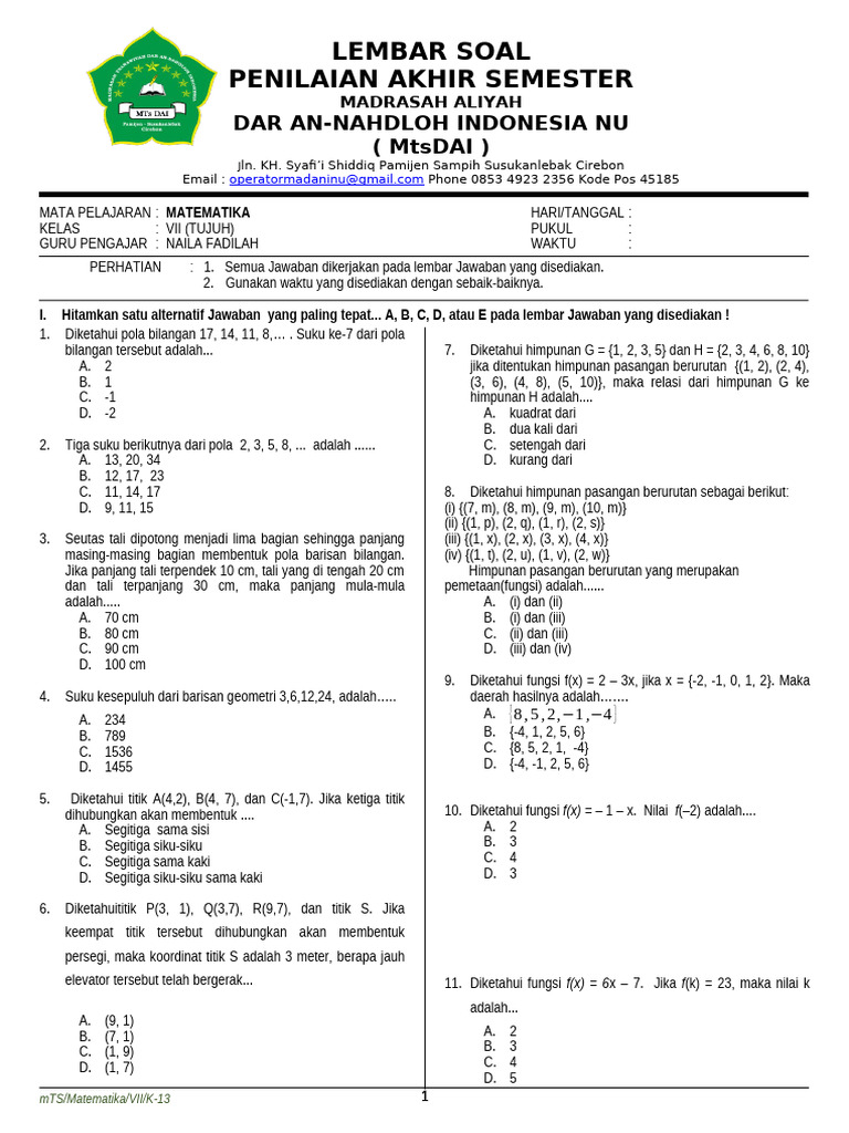 Soal Pas MTK Kelas Viii | PDF