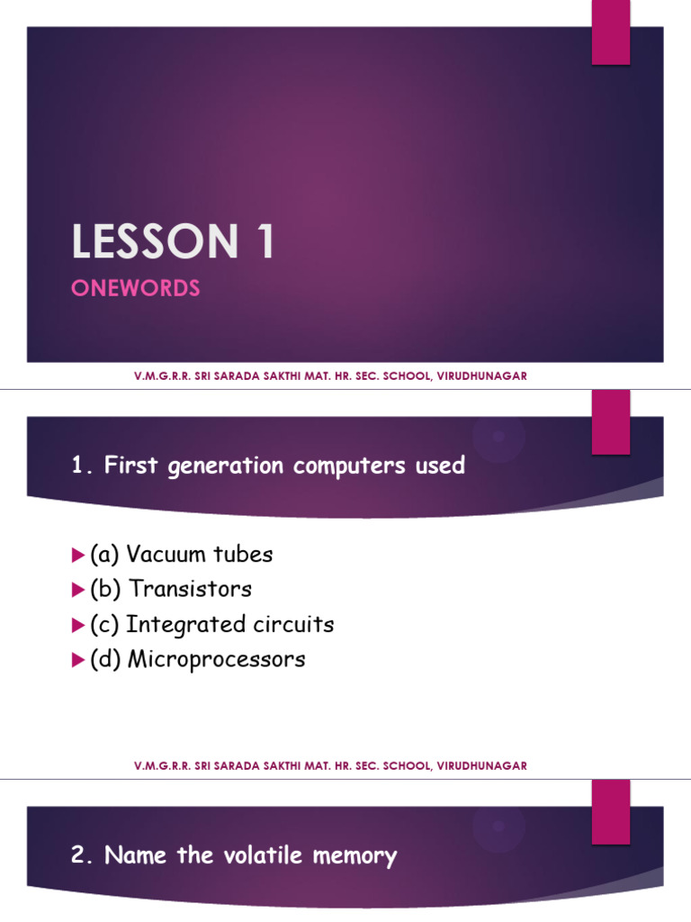 11th Computer Applications Lesson 1 and 10 One Words Questions English Medium PDF Download | PDF ...