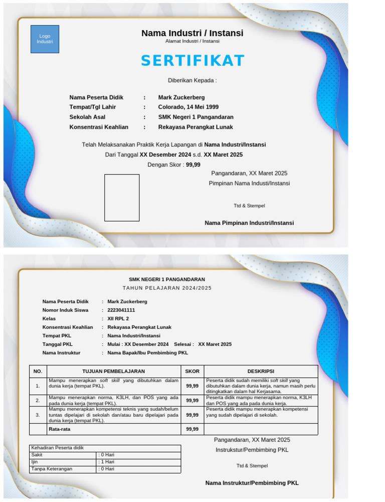 Template Sertifikat PKL 2025 | PDF