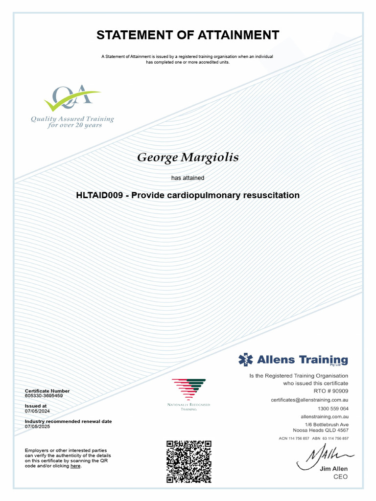 George Margiolis HLTAID009 Provide Cardiopulmonary Resuscitation ...