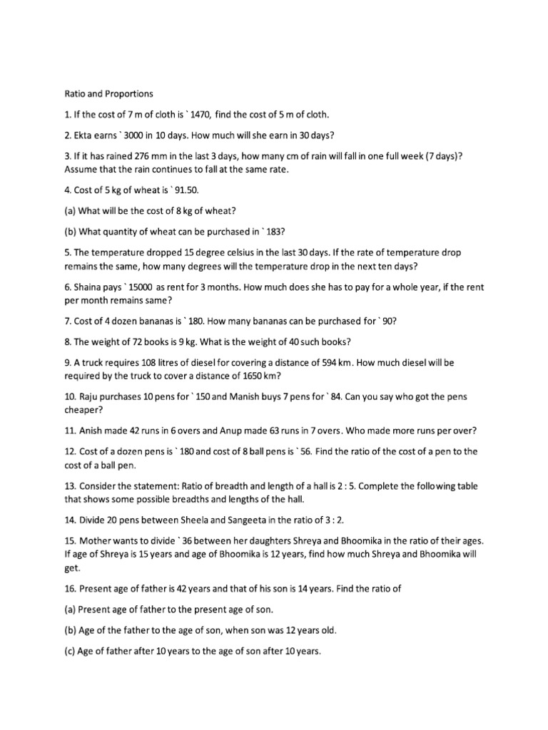 Ratio Proportions Worksheet 1 | PDF