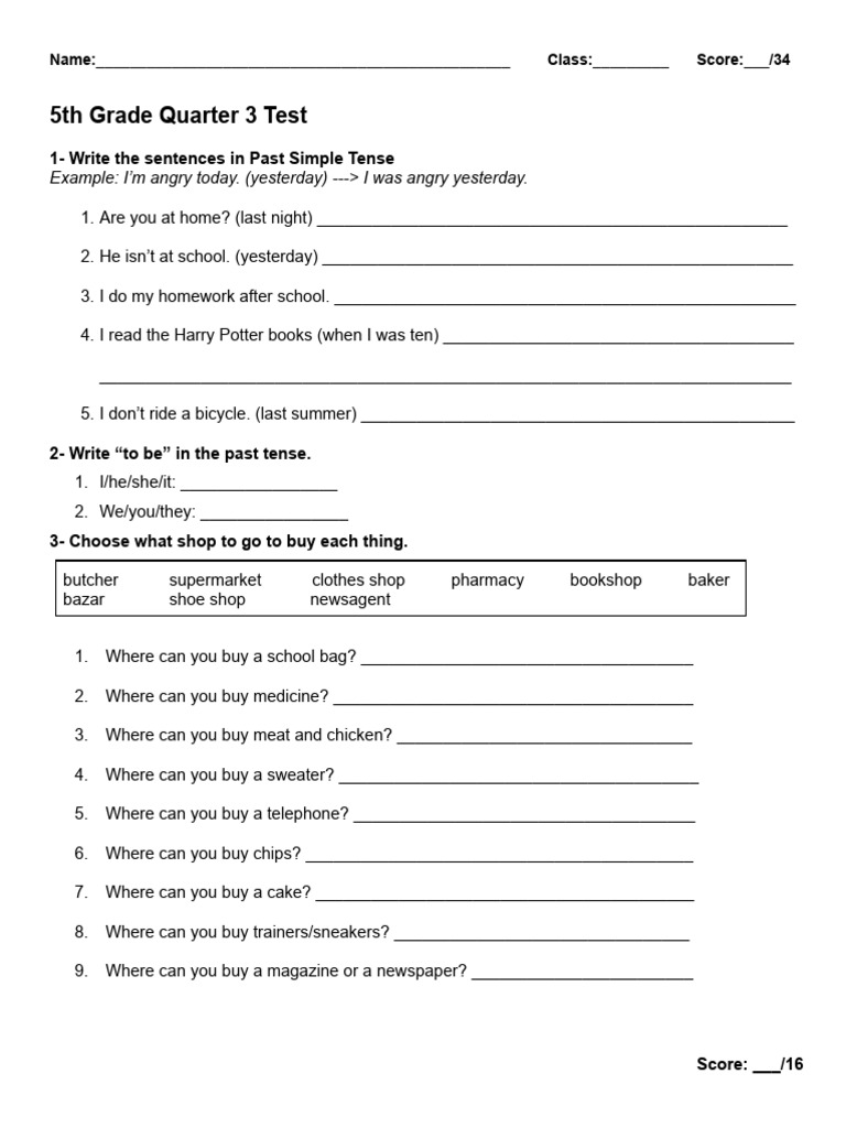 5th Grade English Test: Past Tense & Directions | PDF | Linguistics ...