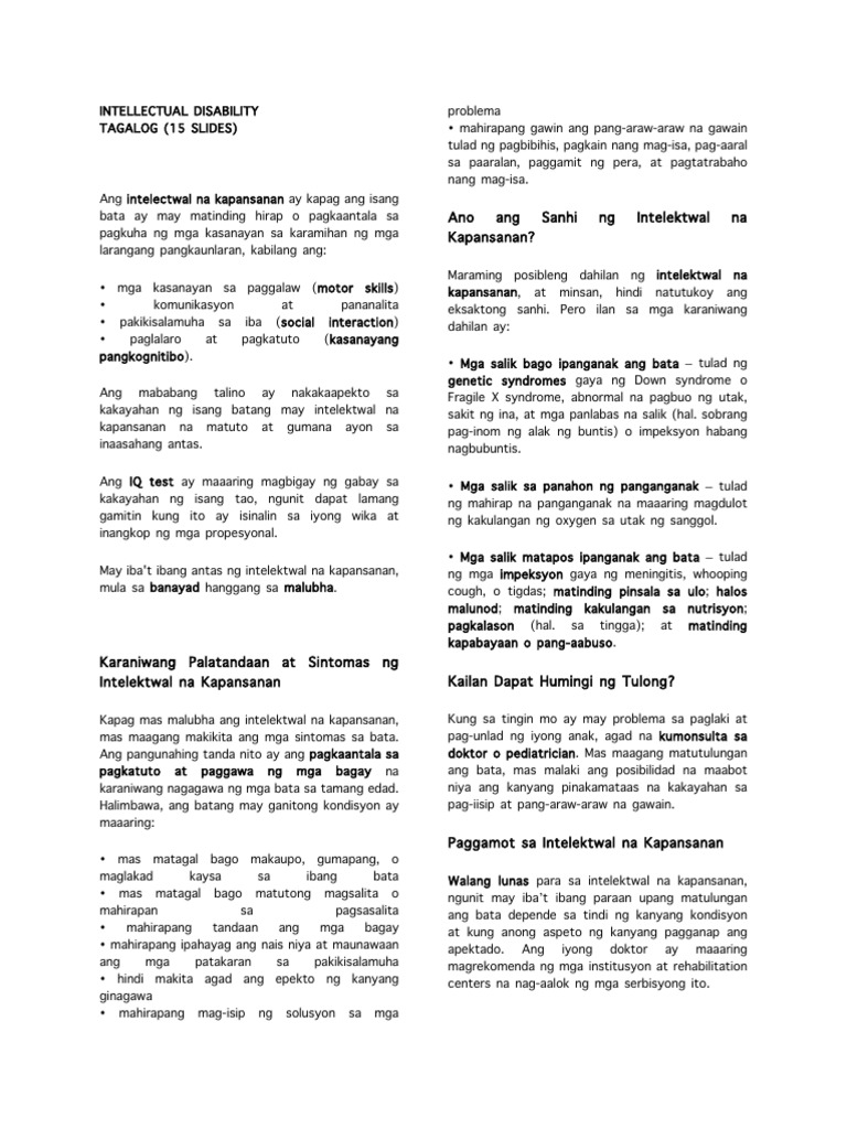 Intellectual Disability - Tagalog | PDF