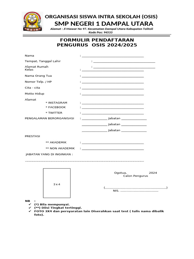 Formulir Pendaftaran Calon Pengurus | PDF