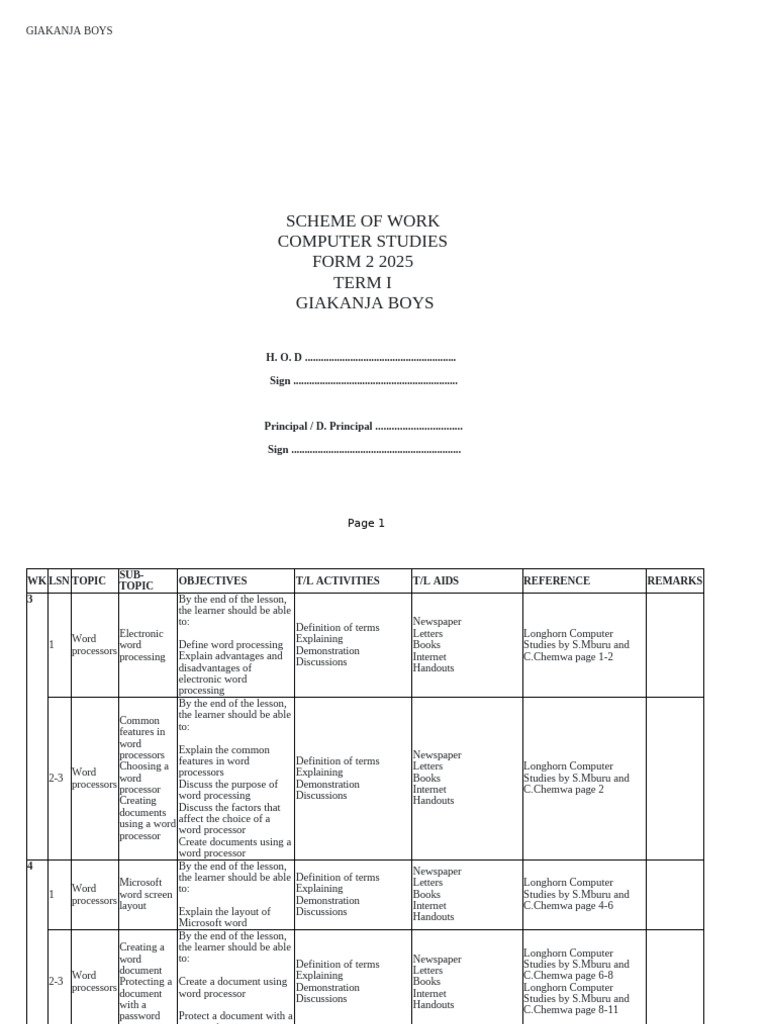 Form 2 Computer Studies Scheme | PDF | Paragraph | Document