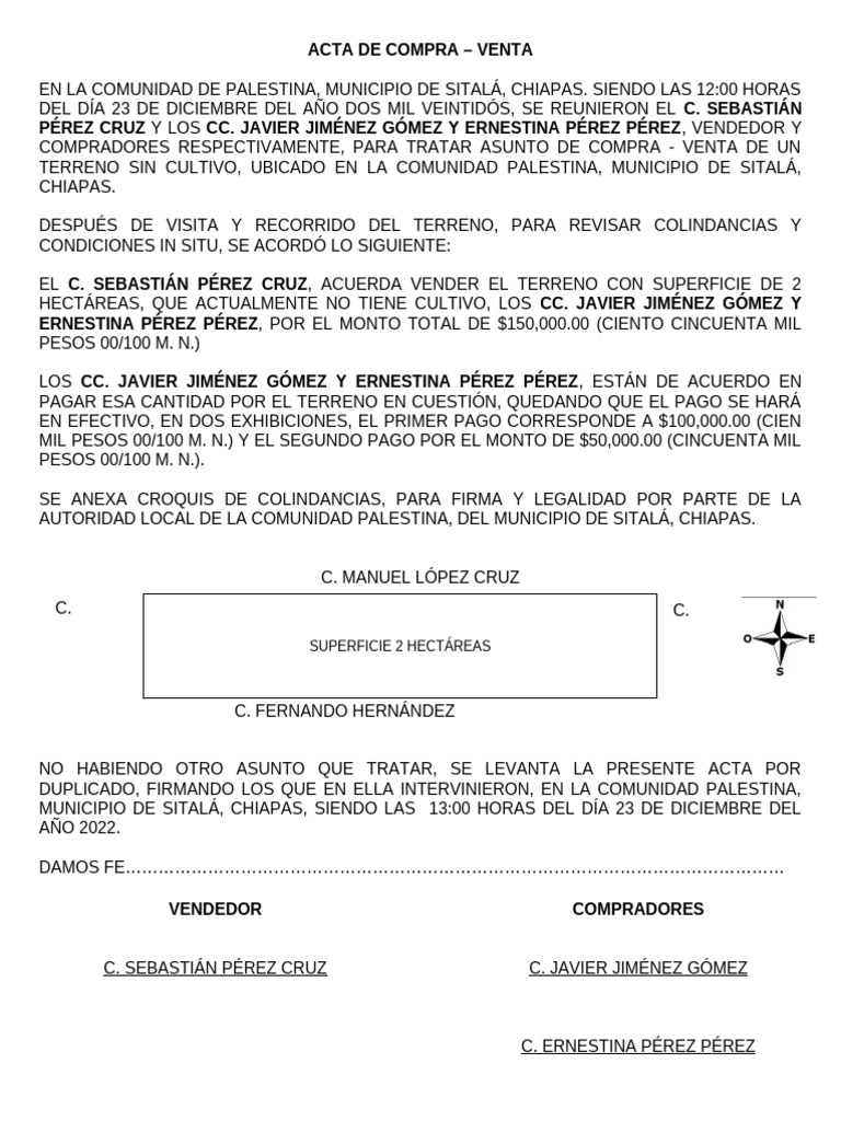 Acta de Compra-Venta en Sitalá, Chiapas | PDF