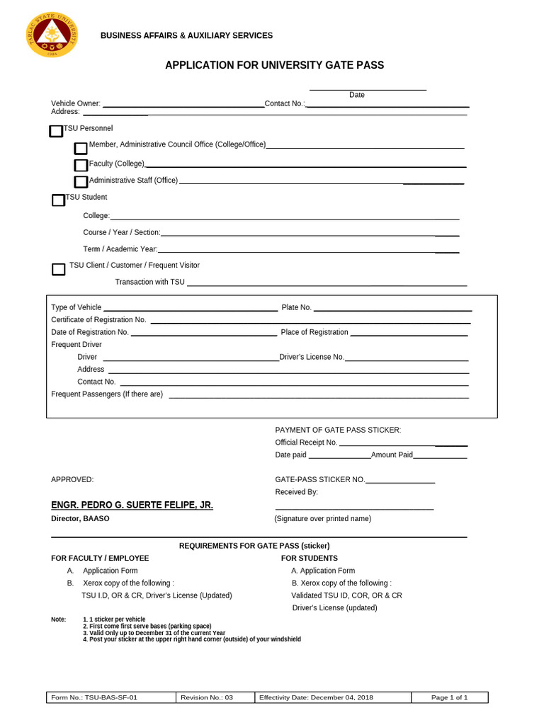 Tsu Bas Sf 01 Application for University Gate Pass Form | PDF | Driver ...