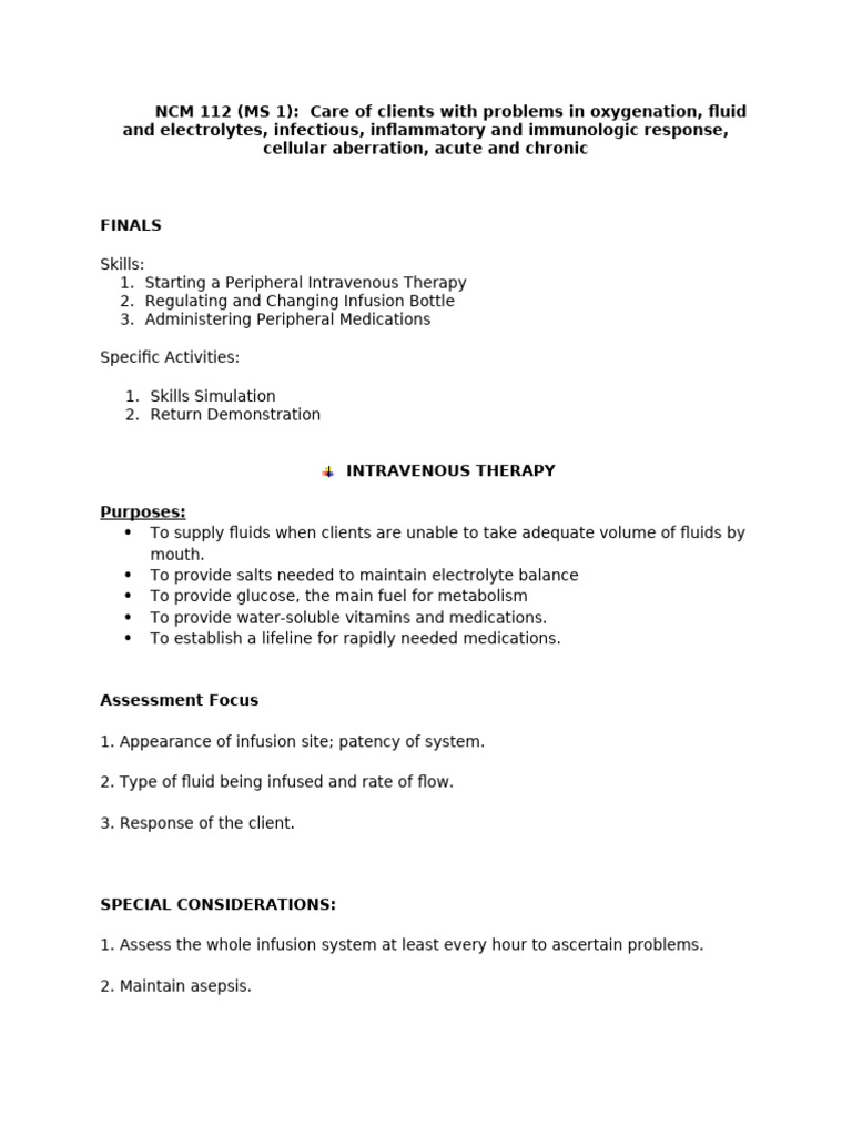NCM 112 SL Final Topics | PDF | Intravenous Therapy | Injection (Medicine)