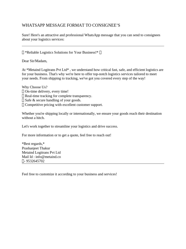 WhatsApp Message Format for Consignees | PDF