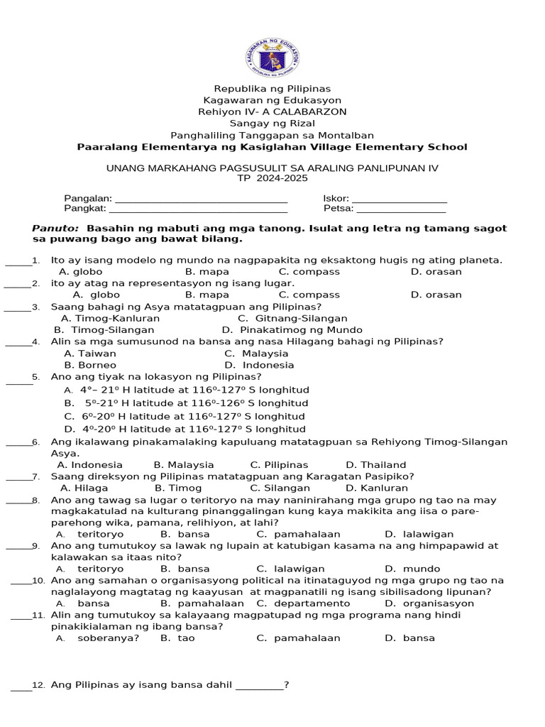 Kasiglahan Village Elem - GRADE 4 AP - 1ST GRADING - MATATAG BASED CURRICULUM | PDF
