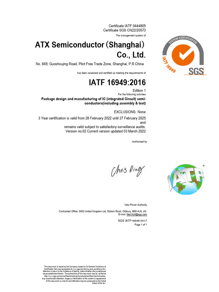 IATF 16949 Certification for ATX Semiconductor | PDF