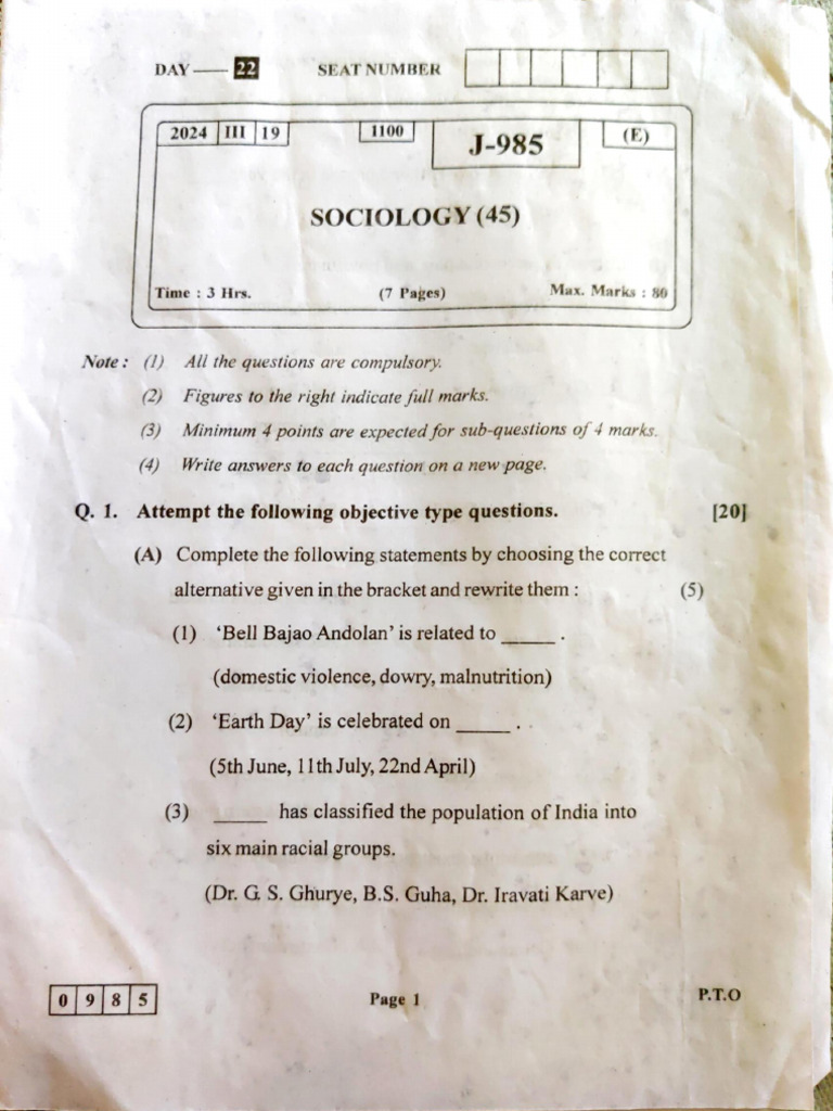 Sociology Board Papers 2022 To 2024 | PDF