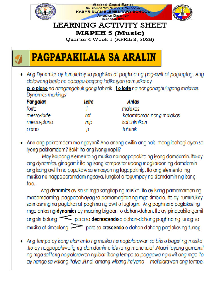 Music q4 w1 APRIL 3 LEARNING ACTIVITY SHEET | PDF