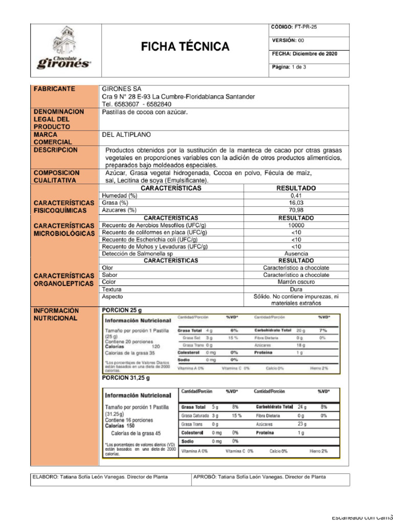 Ficha Tecnica Chocolate Girones | PDF