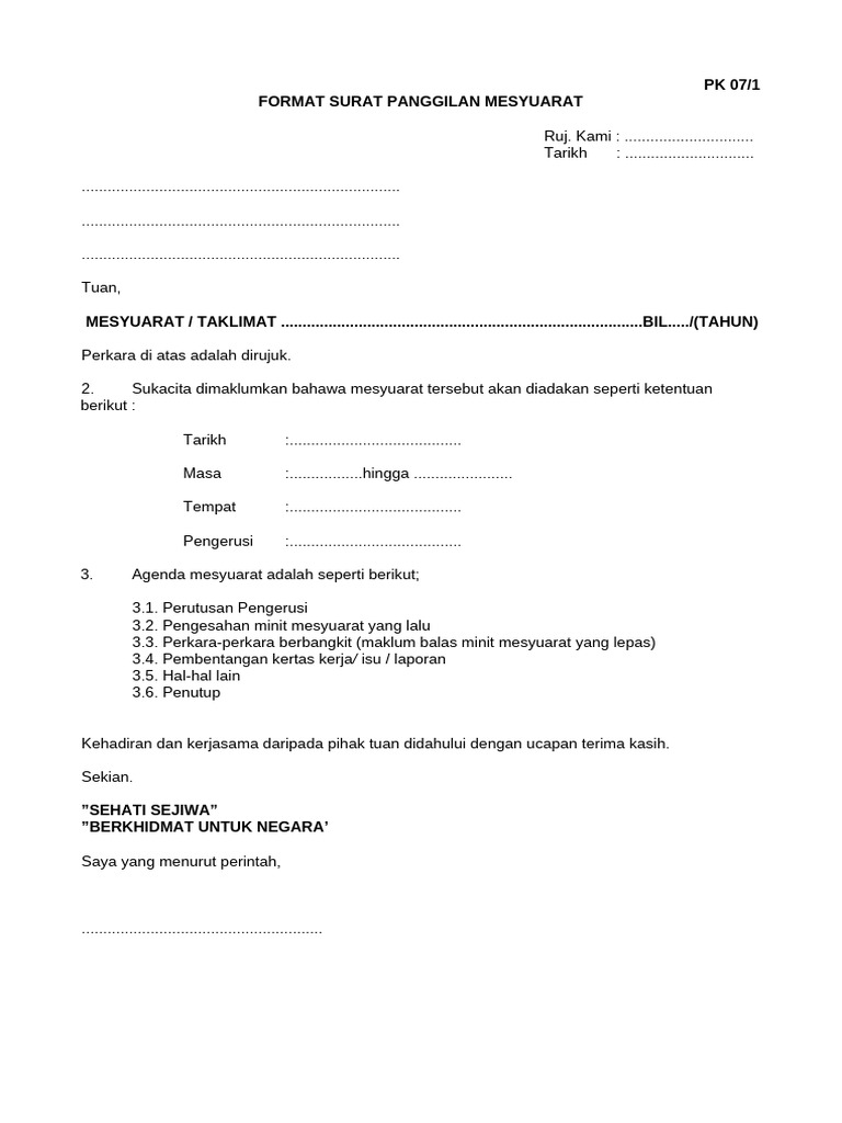 Format Surat Panggilan Taklimat Mesyuarat | PDF