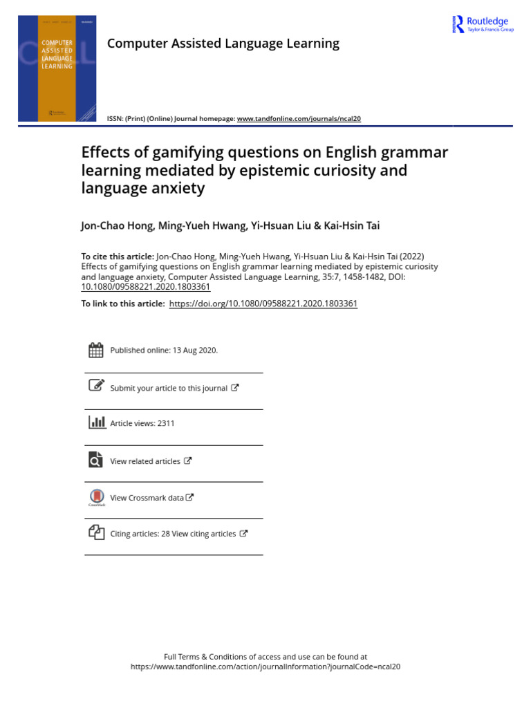 Effects of gamifying questions on English grammar learning mediated by epistemic curiosity and ...
