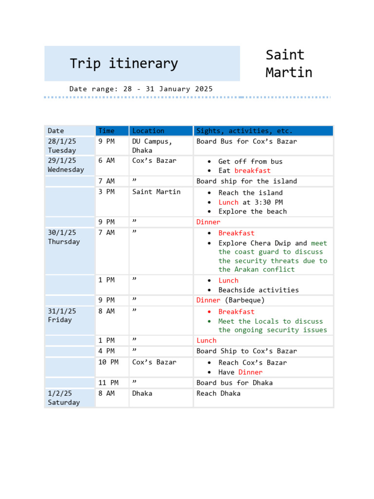 13th Batch Study Tour Itinerary Budget | PDF | Meal