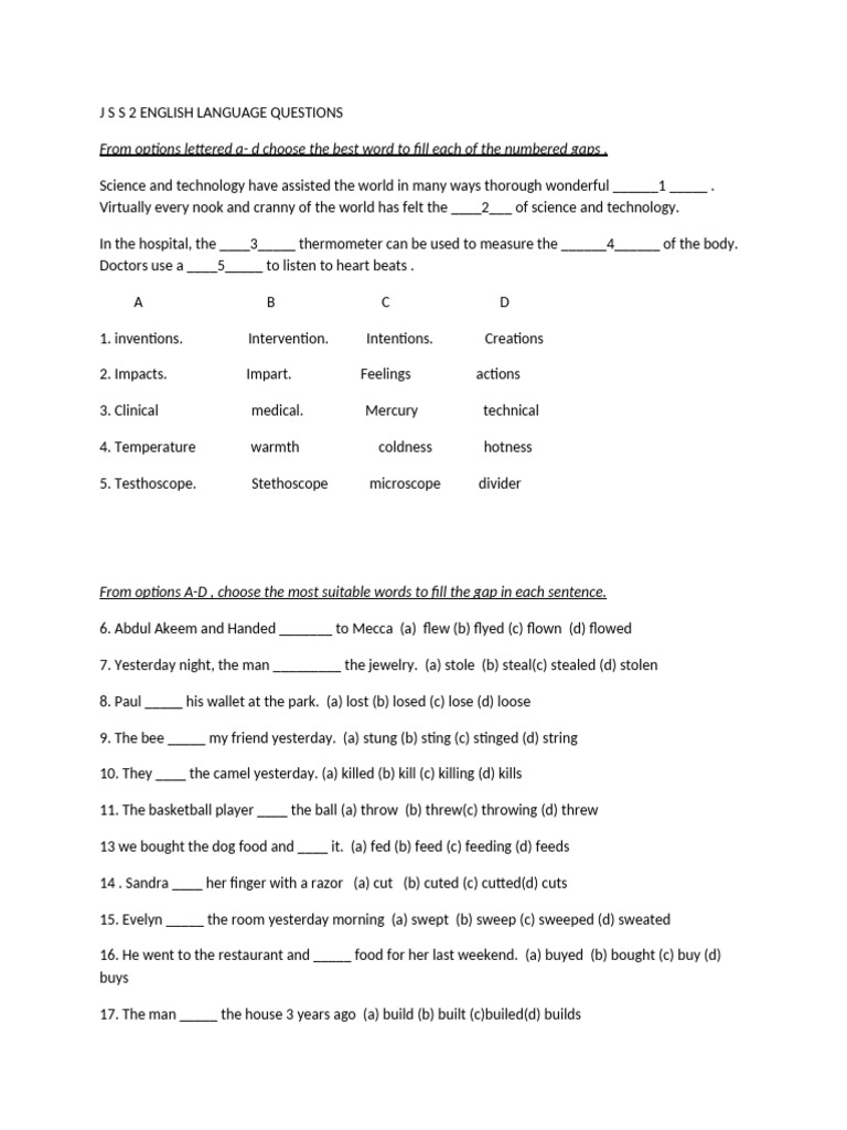 JSS2 English Exam Questions & Answers | PDF