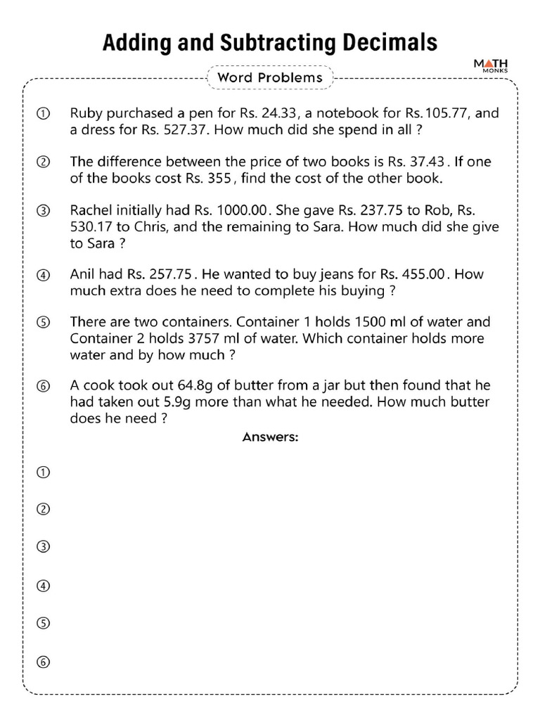 Adding and Subtracting Decimals Word Problems Worksheets 1 | PDF