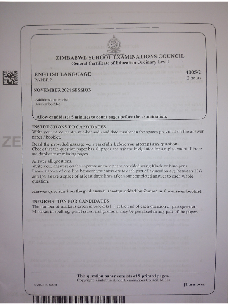 English Paper 2 November 2024 | PDF