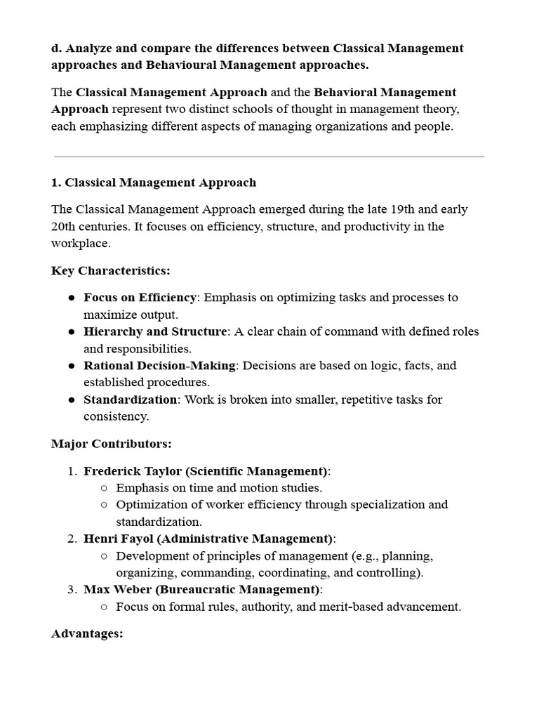 Analyze and Compare The Differences Between Classical Management Approaches and Behavioural ...