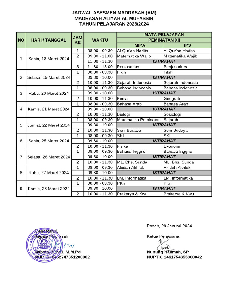 Jadwal Am & Pengawas Ruang 2023-2024 | PDF