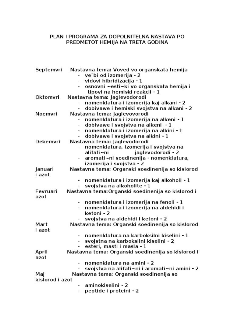 Plan I Programa Za Dopolnitelna Nastava Po Predmetot Hemija Na Treta Godina | PDF