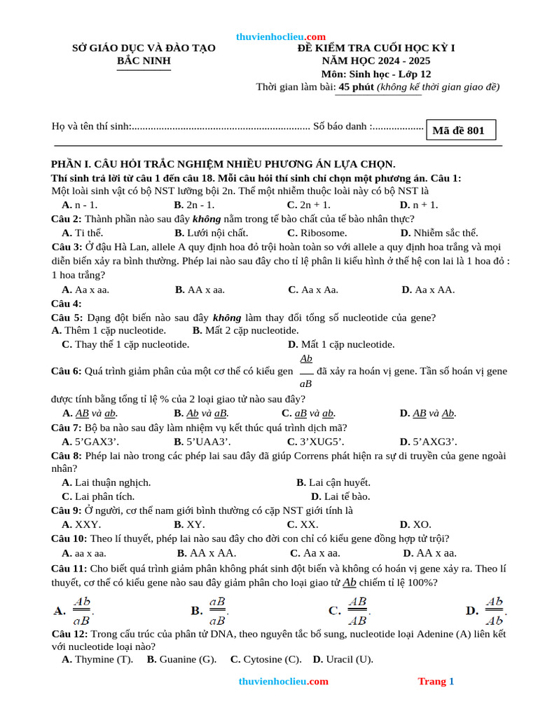 De Kiem Tra Cuoi HK1 Sinh 12 SO GD Bac Ninh 24 25 | PDF