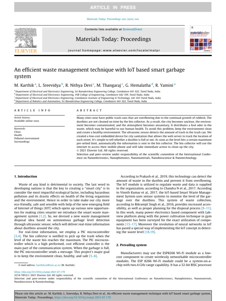 An Efficient Waste Management Technique With IoT Based Smart Garbage System | PDF ...