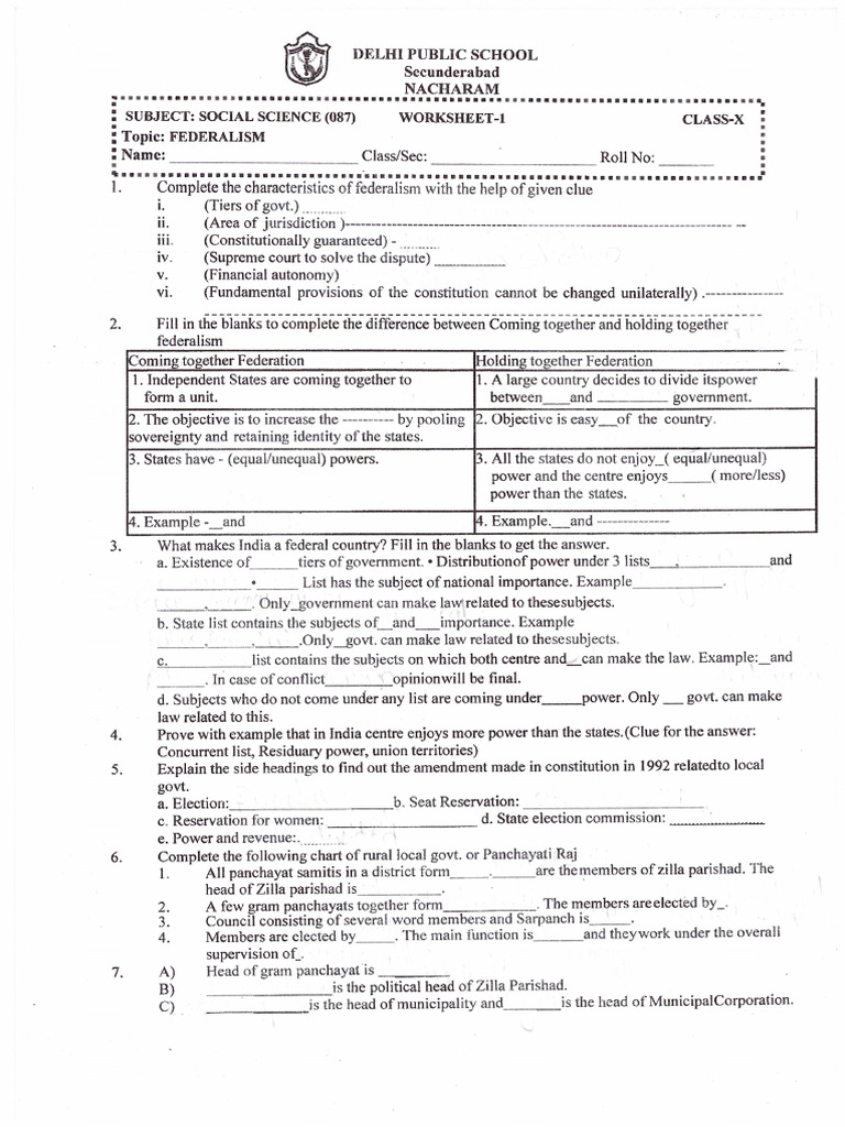 Federalism Worksheet | PDF