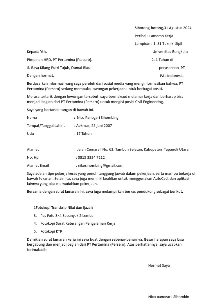 Surat Lamaran Pekerjaan Nico | PDF