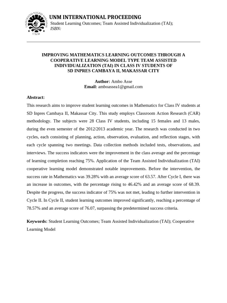 Improving Mathematics Learning Outcomes Through A Cooperative Learning Model Type Team Assisted ...